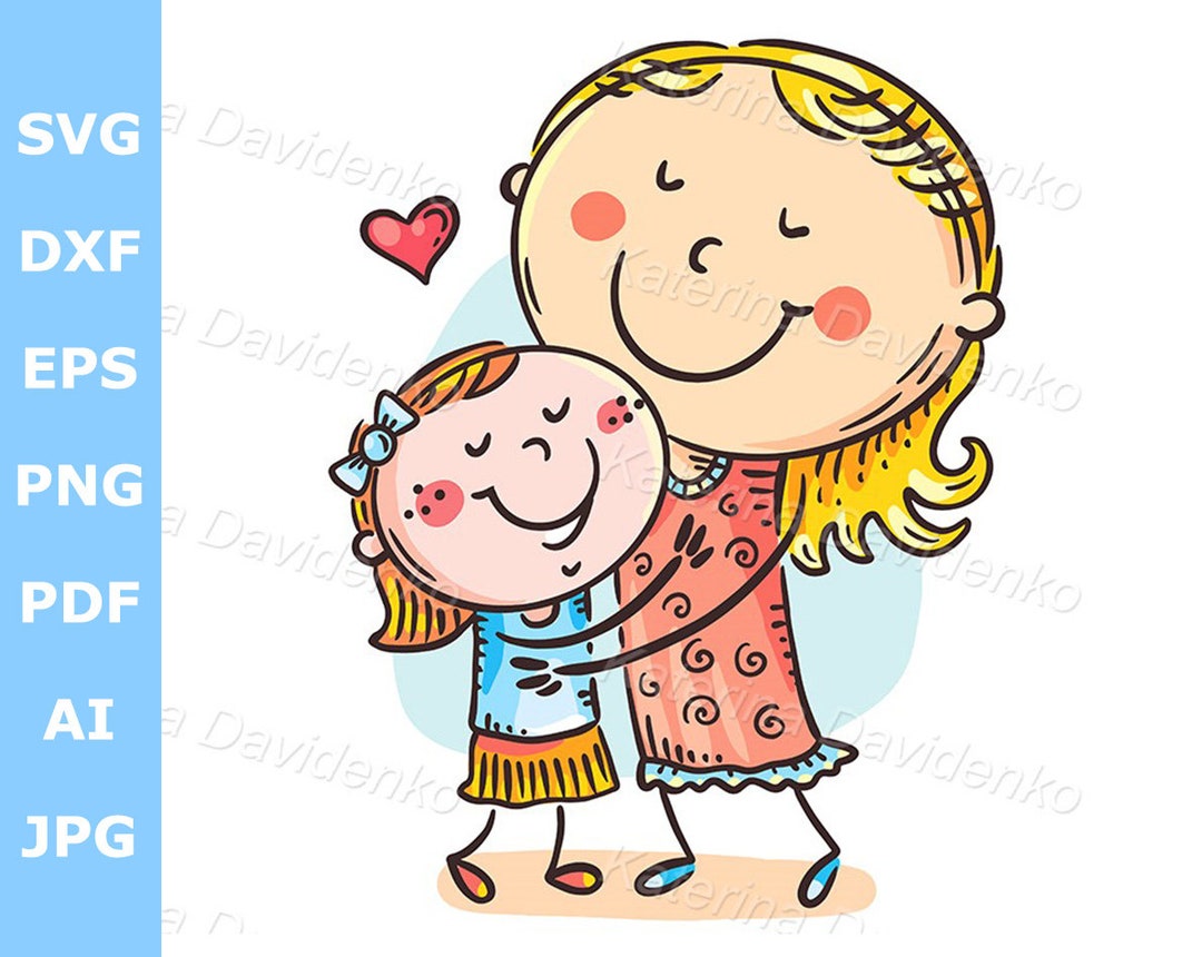 Cartoon Illustration Clipart of Mother Hugs Daughter. Doodle Family ...