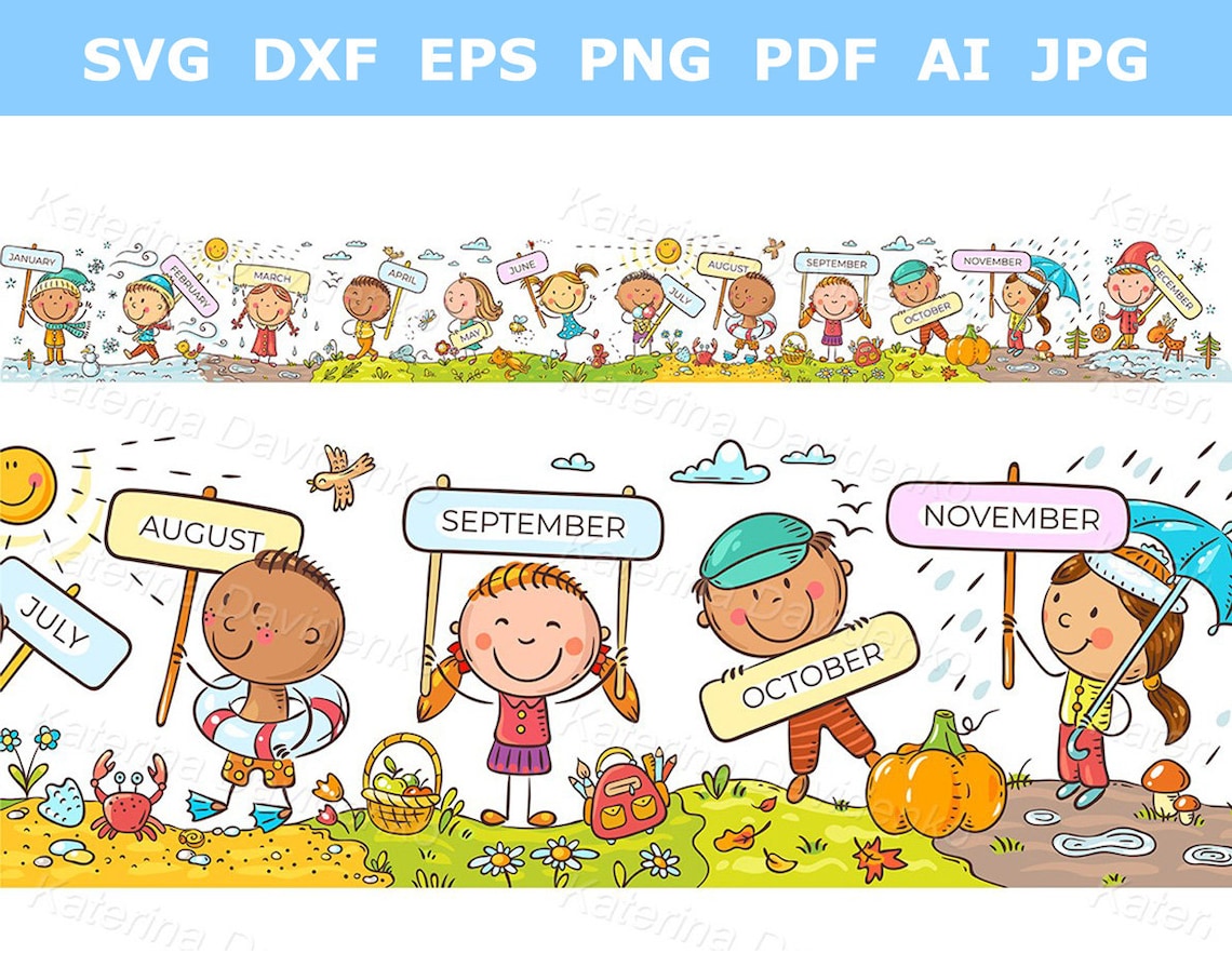 Cartoon Kids and Season Weather Clipart. Months Signs and Changing ...