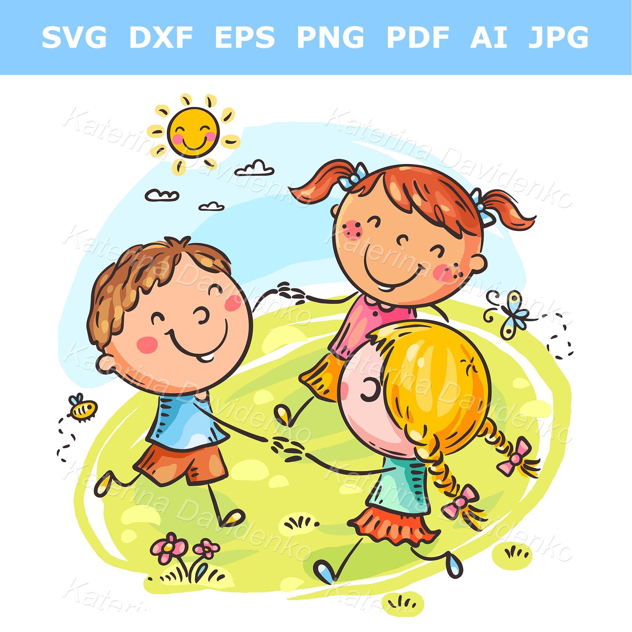 Doodle Kids Clipart. Children Dancing Circle. Happy Cartoon Kids ...