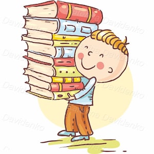 Cute Cartoon Boy Carrying a Lot of Books. Kid and Book Clipart. Digital ...