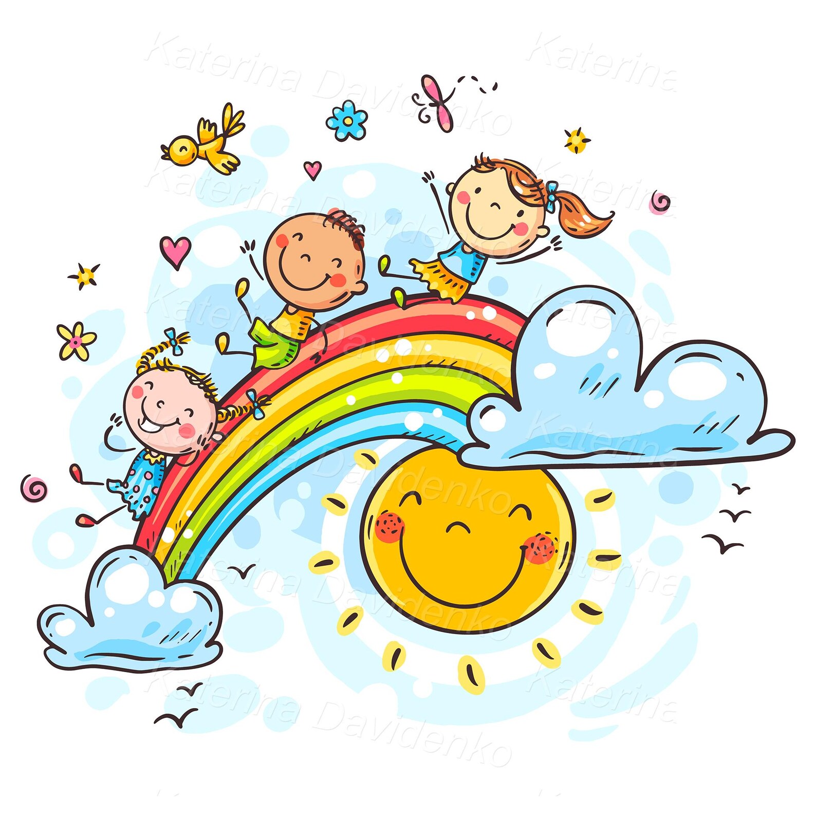 Happy Cartoon Kids on Rainbow. Doodle Children Clipart. Hand-drawn ...