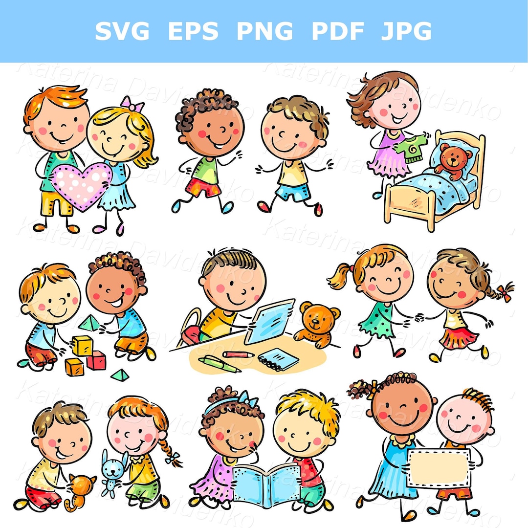 Diverse Kids Playing Clipart – Cute Cartoon Illustration Set. Kids ...