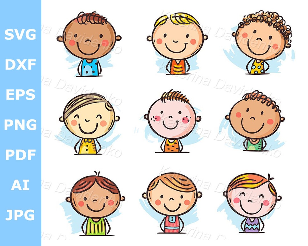 Doodle Cartoon Happy Kids Faces Clipart, Smiling Boys Portraits Clip ...