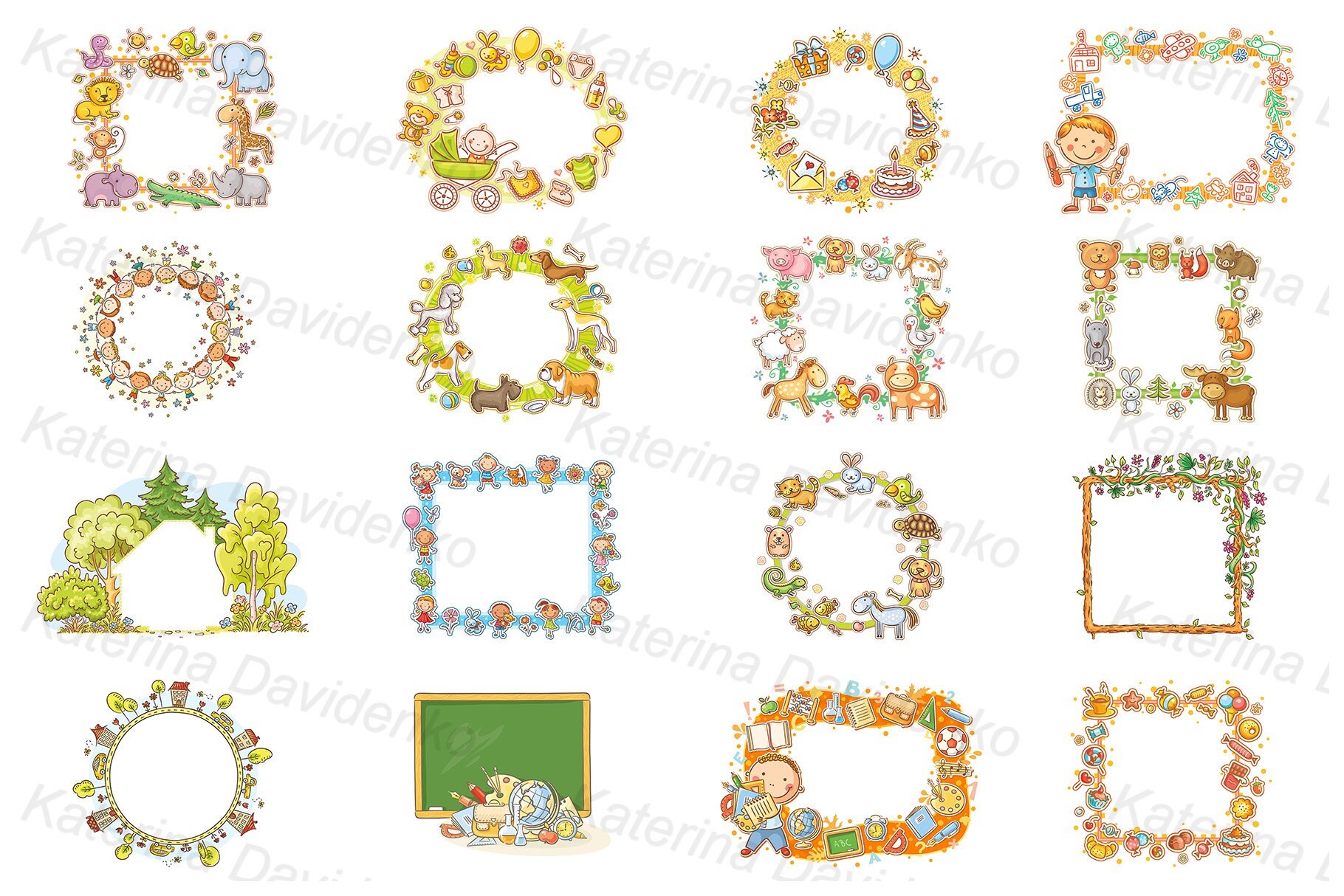 Bundle aus farbenfrohen Rahmen mit verschiedenen Cartoon-Illustrationen ...