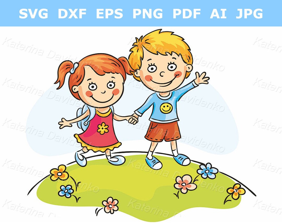 Summer Clipart. Happy Cartoons Kids Walking Outdoors. Smiling Cute Boy ...
