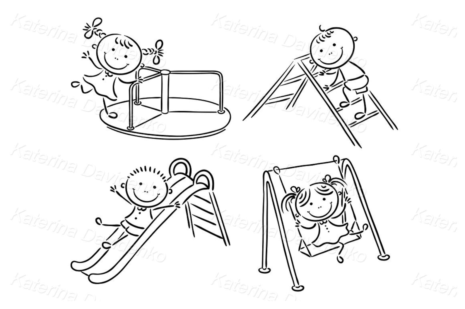 Doodle Cartoon Kids on Playground Chil'd Drawing Clipart - Etsy