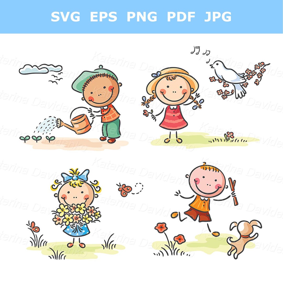 Cartoon Kids Outdoors Activities Clipart, Children Walking Outdoors ...