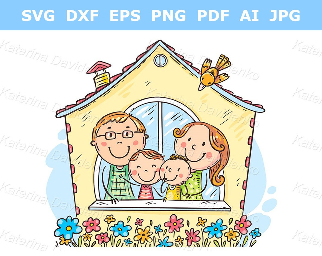 Cartoon Doodle Family House Clipart, Parents With Two Children Looking ...