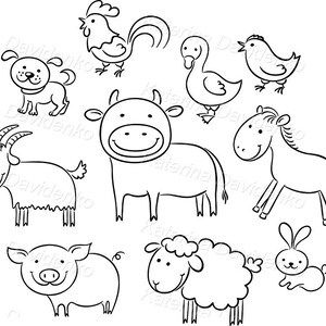 Cartoon Farm Animals Clipart Set. Hand Drawn Vector Illustration ...
