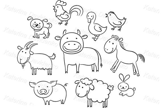 Farm Animals Clip Art Black And White Pigs, Piglets, Rooster And Hen