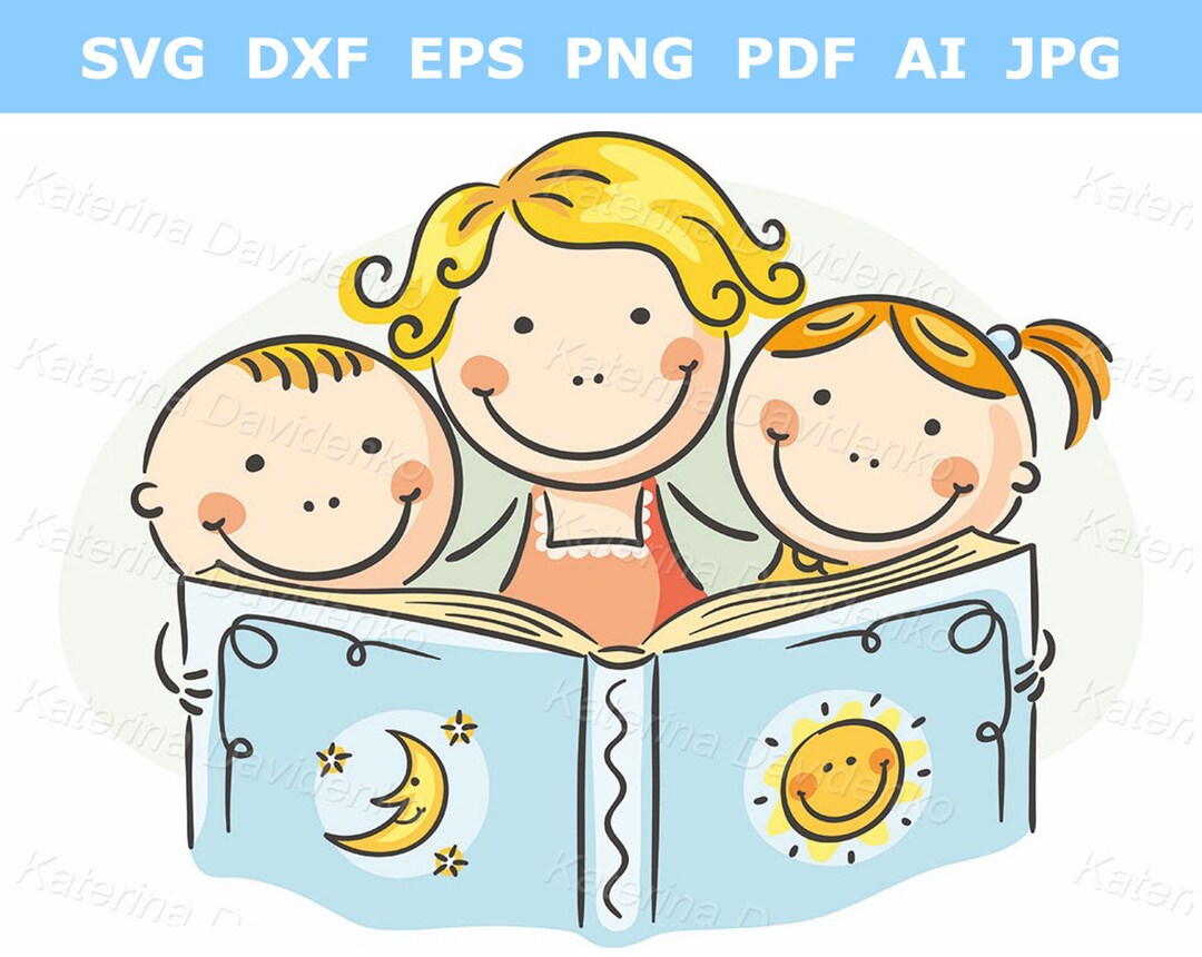Cartoon Mother and Kids Reading Together. Happy Family Clip Art - Etsy