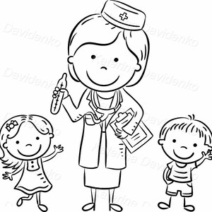 Happy Cartoon Doctor With Kids. Healthcare Clipart. Cute Doctor With ...