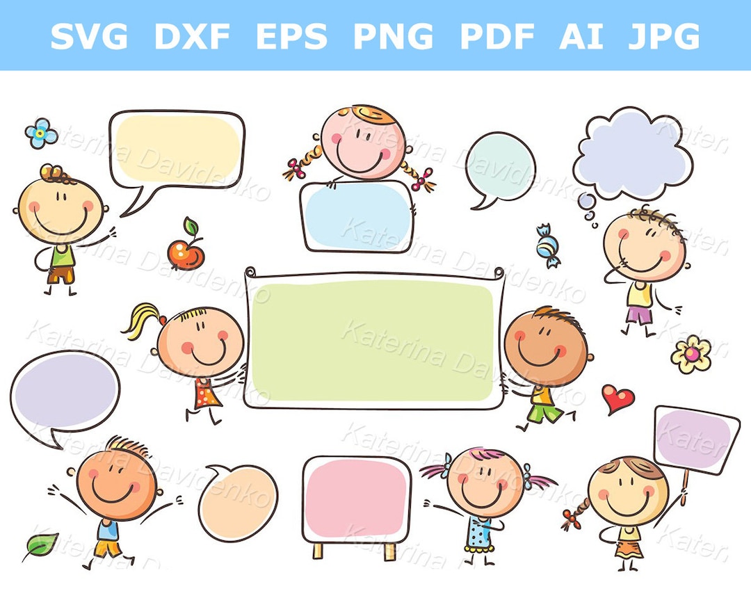 Speech Bubbles Clip Art Set. Banner Clipart. Doodle Kids With Speech ...
