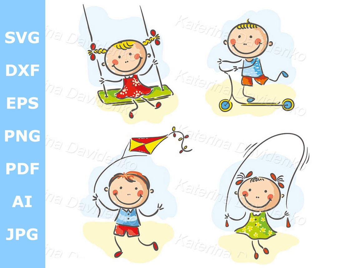 Happy Cartoon Kids Clipart. Children Playing Outdoor Games and ...