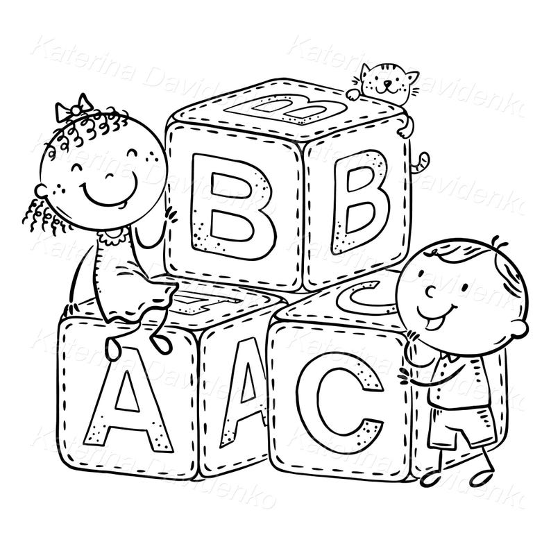 Children Playing With Abc Blocks. Cute Cartoon Kids Alphabet ...