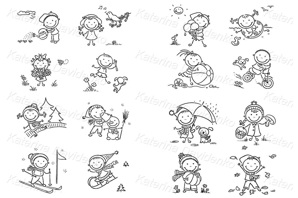 Seasons and Weather Clipart Set. Kids Illustrations of Different ...