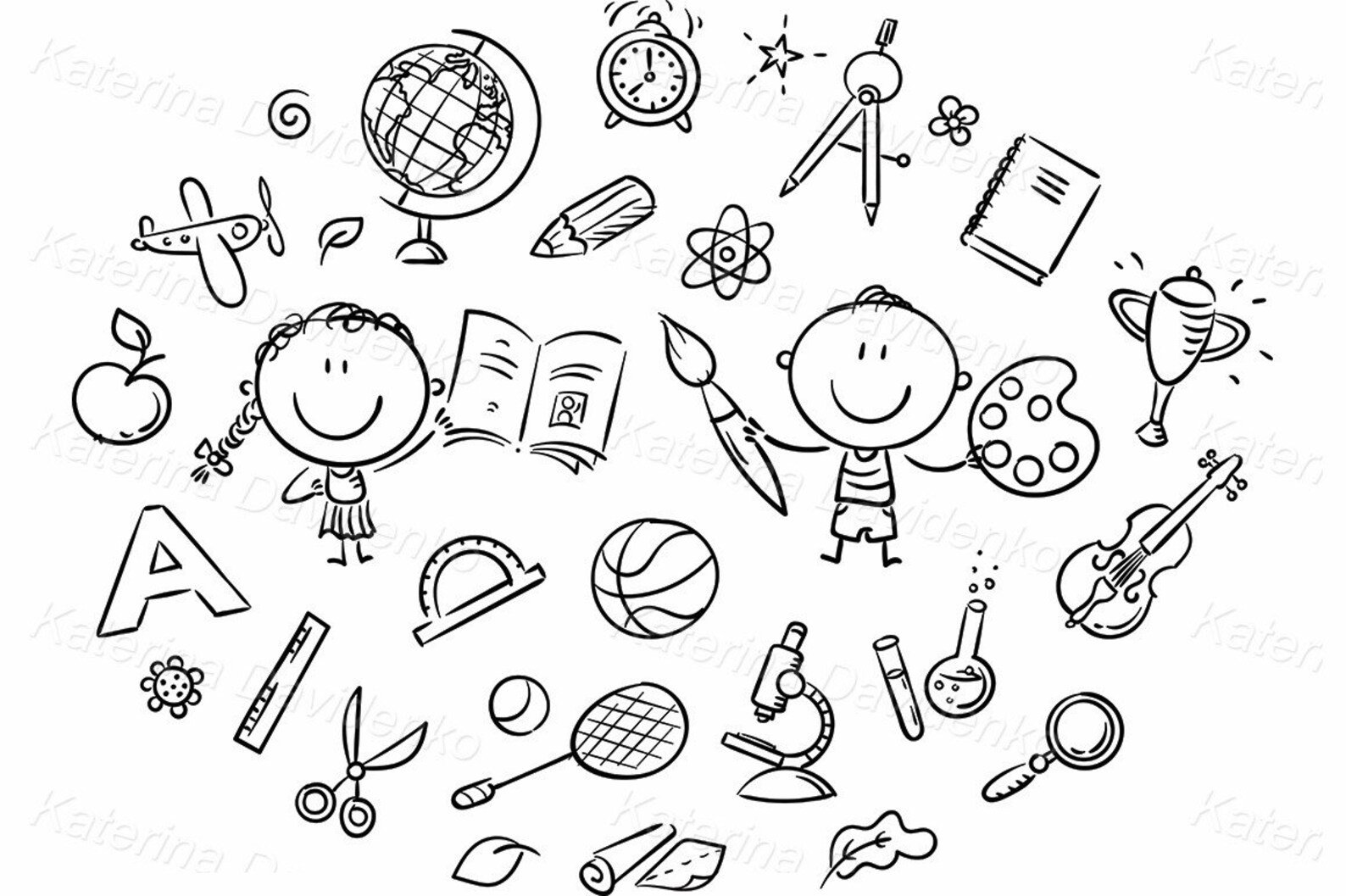 Printable School Clip Art Set Cartoon Doodle Kids With - Etsy