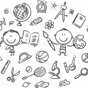 Printable School Clip Art Set Cartoon Doodle Kids With - Etsy