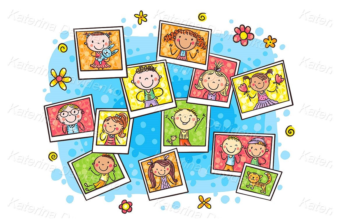 Cartoon Kids Photo Collage. A Pile of Happy Doodle Kids Photos Cartoon ...