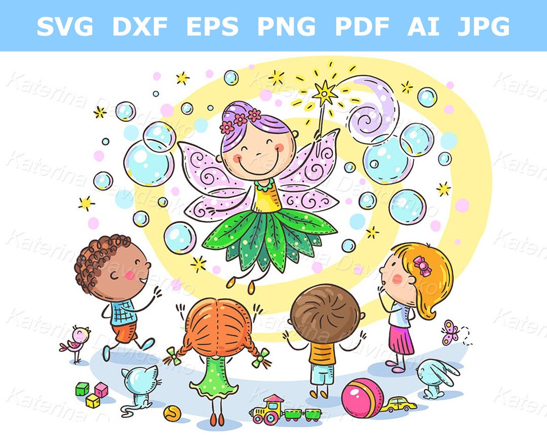 Happy Preschool Kids Watching a Fairy in a Cute Cartoon Clipart Scene ...