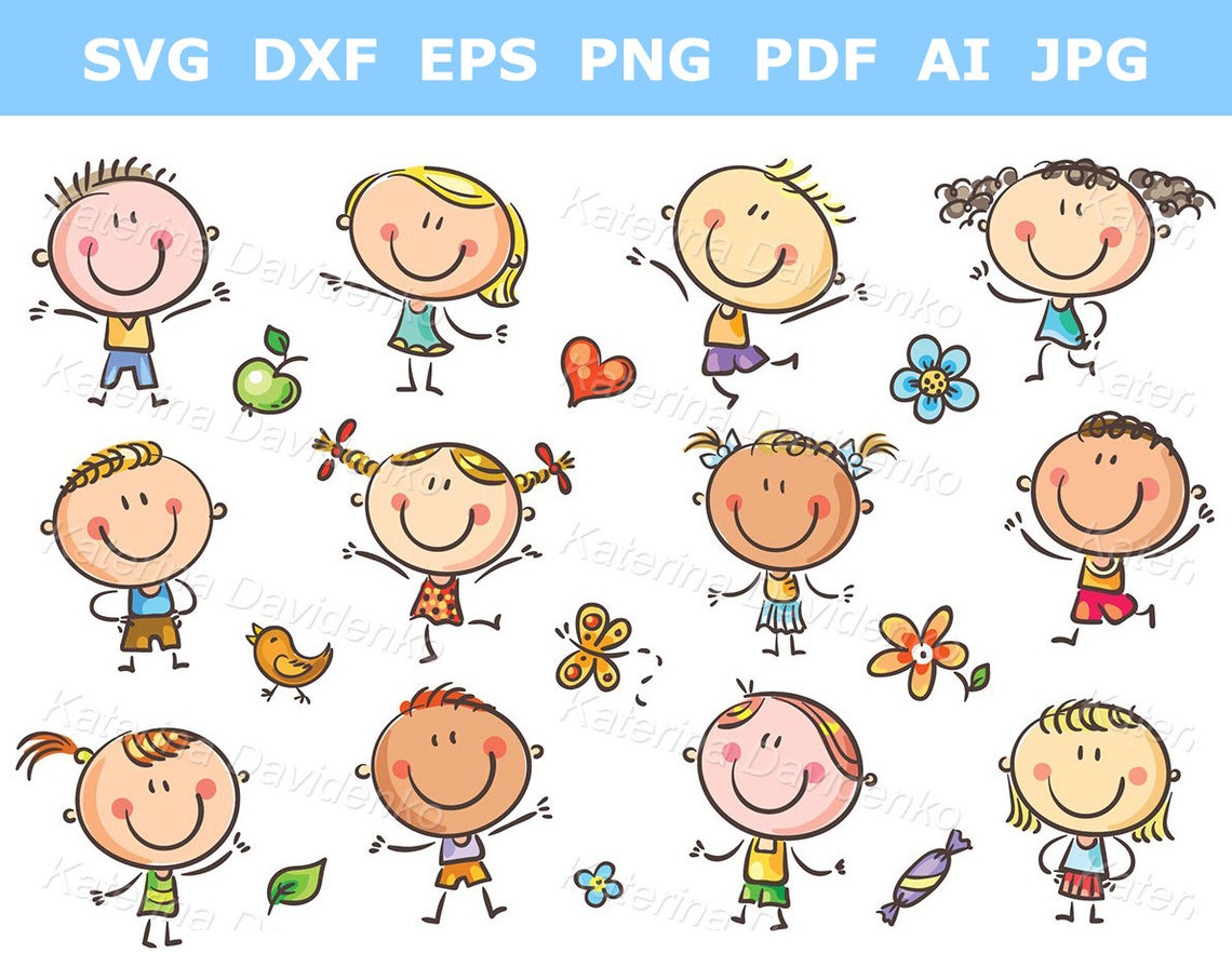 Happy Doodle Kids Clipart Set - Stick Figure Pdf Png Svg File for ...