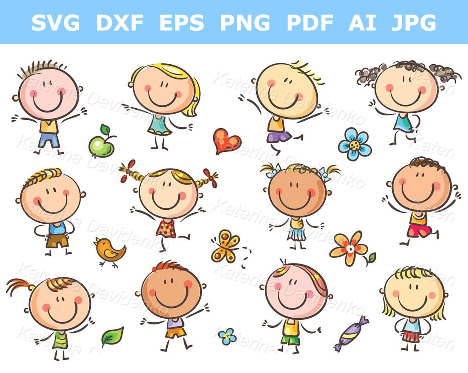 Happy Doodle Kids Clipart Set - Stick Figure Pdf Png Svg File for ...