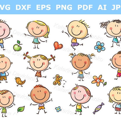Happy Doodle Kids Clipart Set Stick Figure Pdf Png Svg File - Etsy Canada