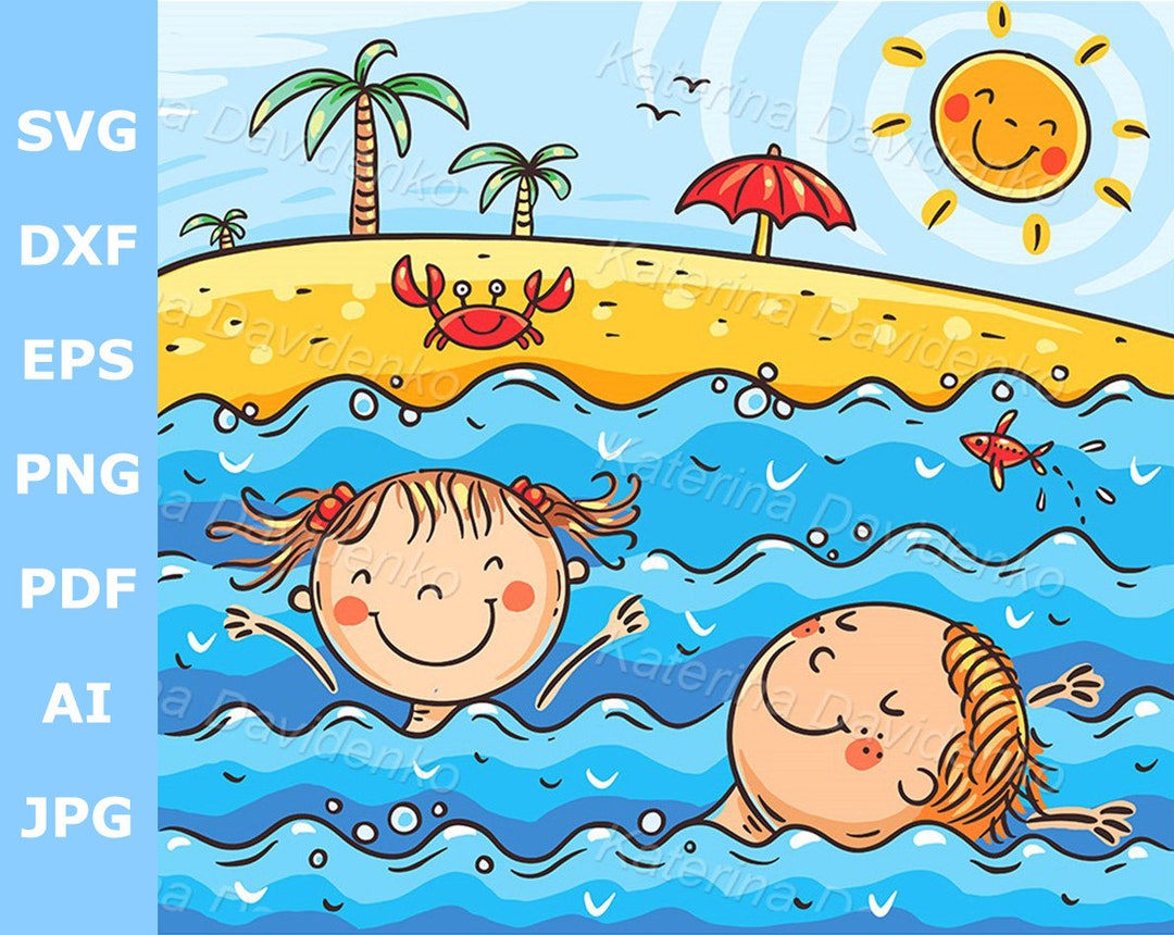 Cartoon Kids Swimming in the Sea. Children on Summer Vacation on the ...