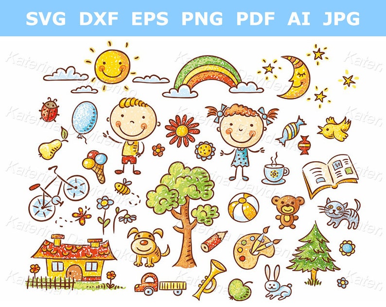 Hand Drawn Clipart Set. Cartoon Kids Clip Art, Doodle Vector ...