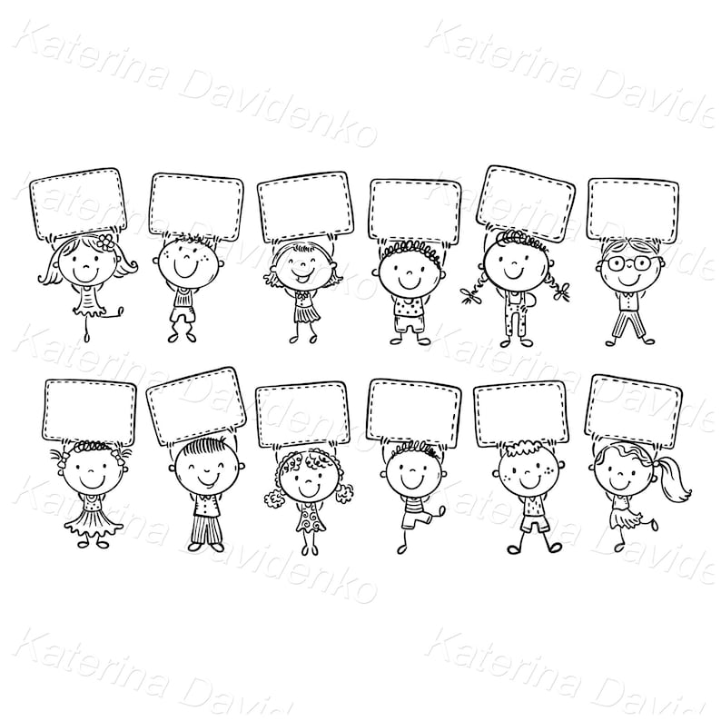 Cartoon Kids Clipart Happy Childrens Holding Blank Signs Banners or ...