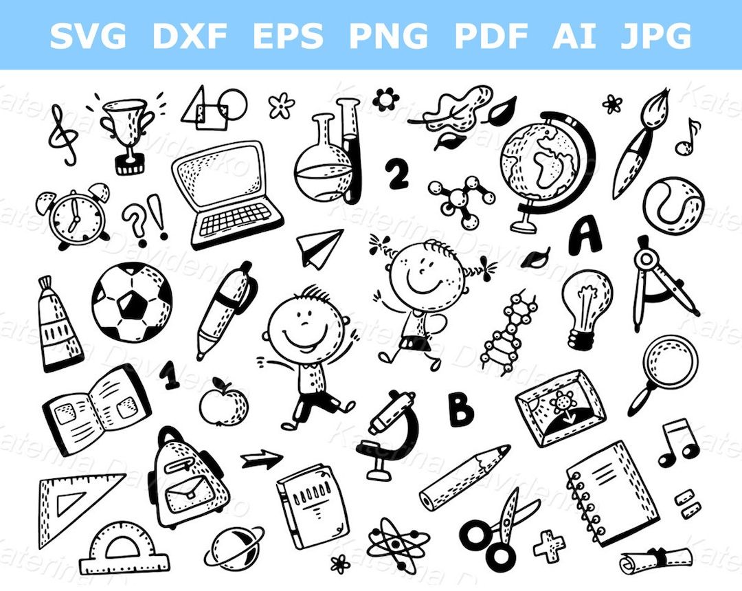 Cartoon School Things Clipart Set, Schoolkids With Lots of School ...