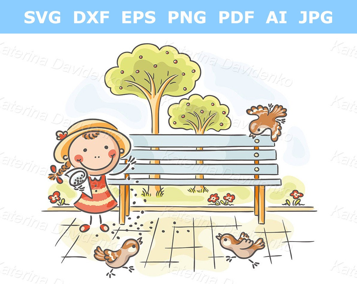 Cute Little Girl Feeding Sparrows in the Park. Cartoon Kid Outdoors ...