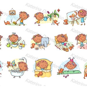 Cartoon Kids Daily Activities Clipart Set. Girl’s Life, Daily Routine ...