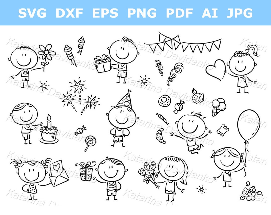 Doodle Kids Birthday Party Clipart Set, Outline Children Clipart. Black ...