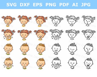 Collection of Cute Cartoon Kids Clipart PNG Set of Little Girl Faces ...