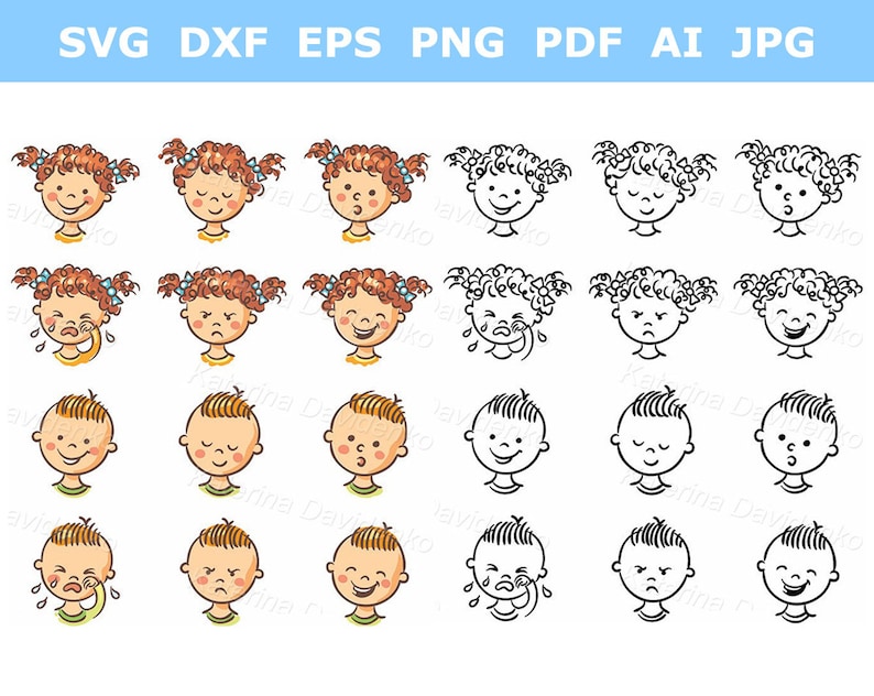 Cartoon Kids With Different Emotions Clipart Set. Doodle Character ...