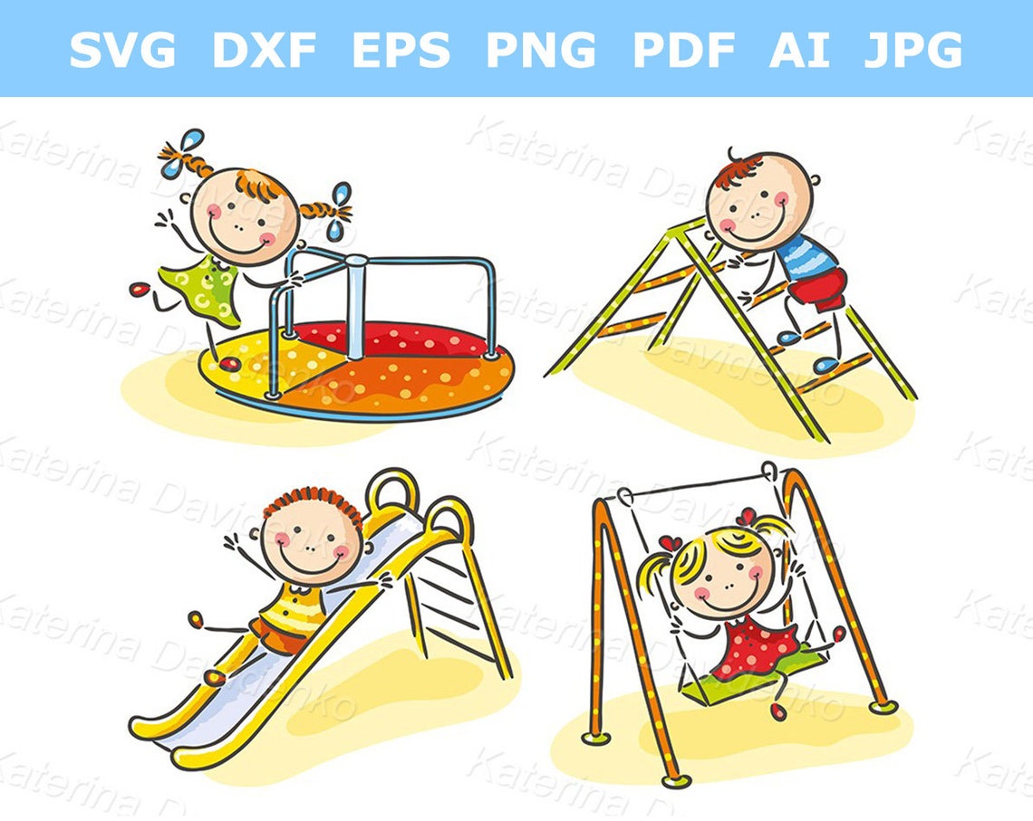Doodle Cartoon Kids on Playground Chil'd Drawing Clipart - Etsy