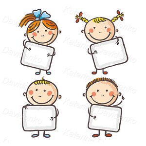 Doodle Cartoon Kids With Blank Signs. Stick Figure. Children Holding ...
