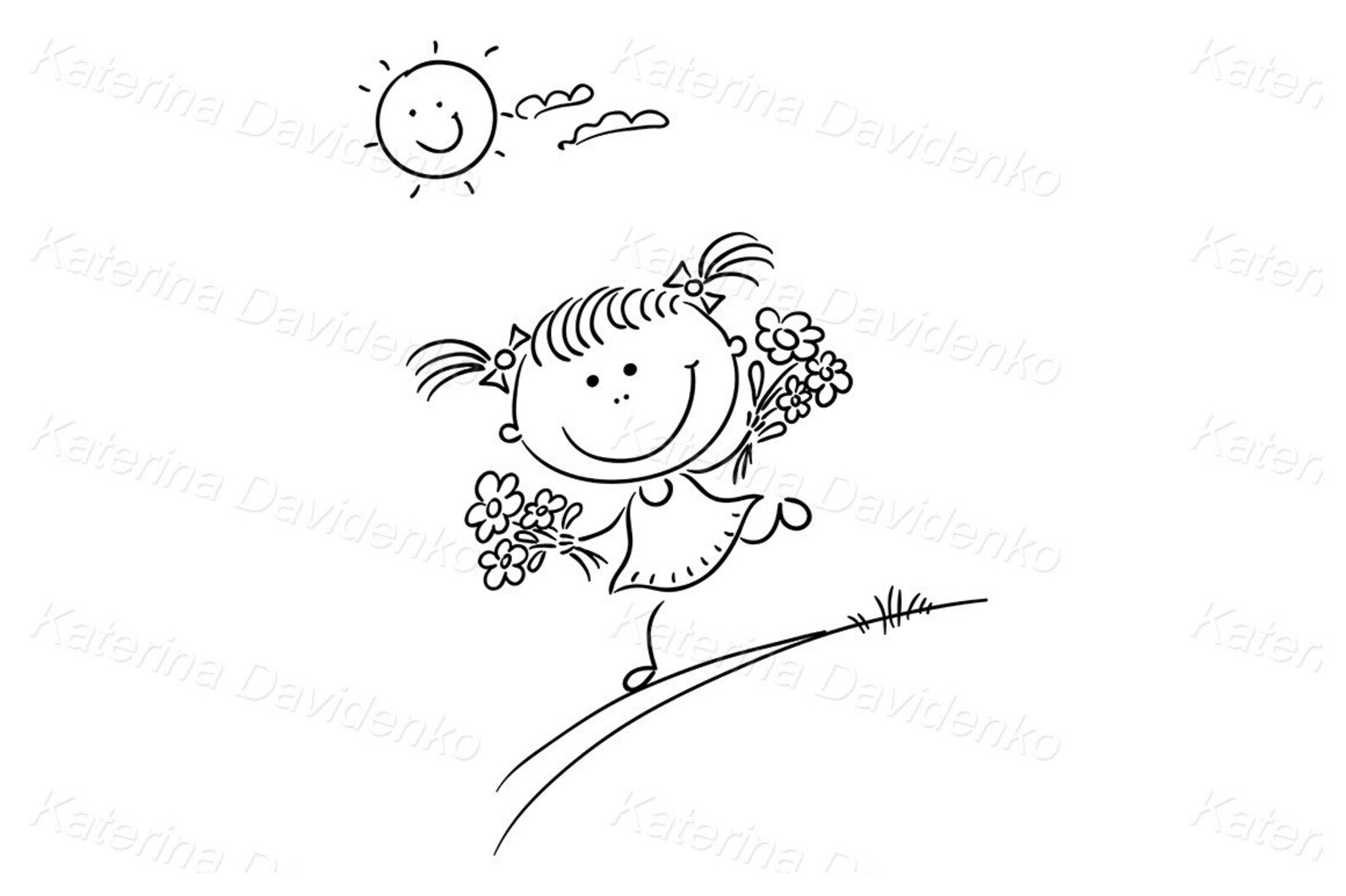 Doodle Cartoon Girl With Flowers Stick Figure Kid Clipart - Etsy