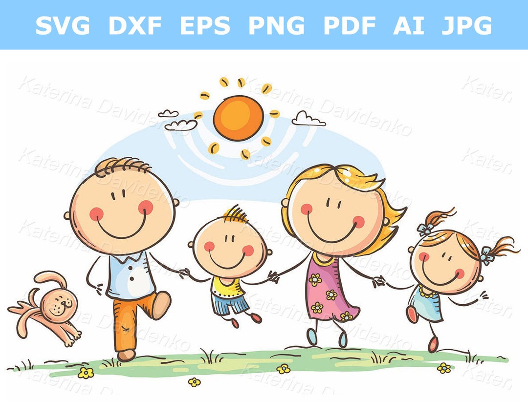 Cartoon Happy Family Clipart. Family With Two Children Having Fun ...