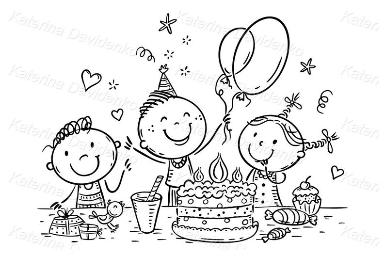 Kids Birthday Party Vector Clipart. Cute Cartoon Children With Cake and ...