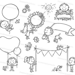 Doodle Happy Kids Clipart. Children With Birthday Banner and Copy Space ...
