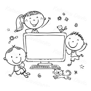 Happy Cartoon Kids and Computer, Technology Clipart, Children Using ...