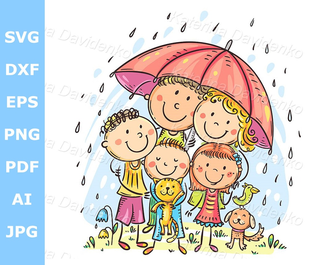 Doodle Family Clipart. Cartoon Happy Family Under an Umbrella in the ...