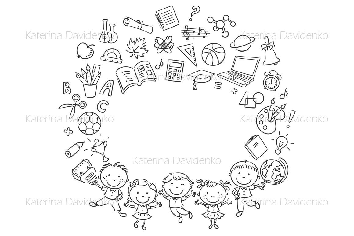 School Clipart Set. Cartoon School Kids With a Lot of School Things ...