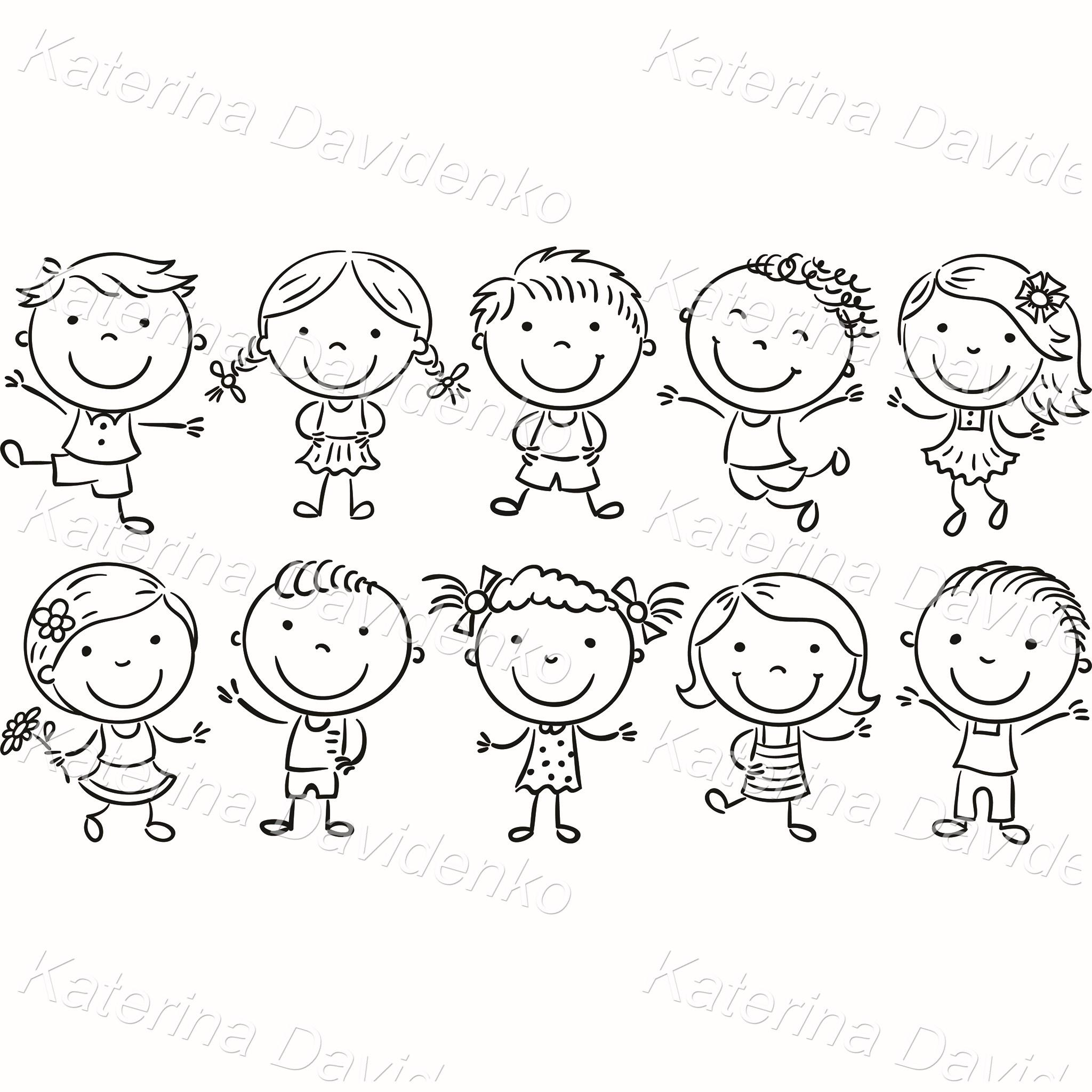 Happy Cartoon Kids Clipart Set, Doodle Children Vector Illustration ...