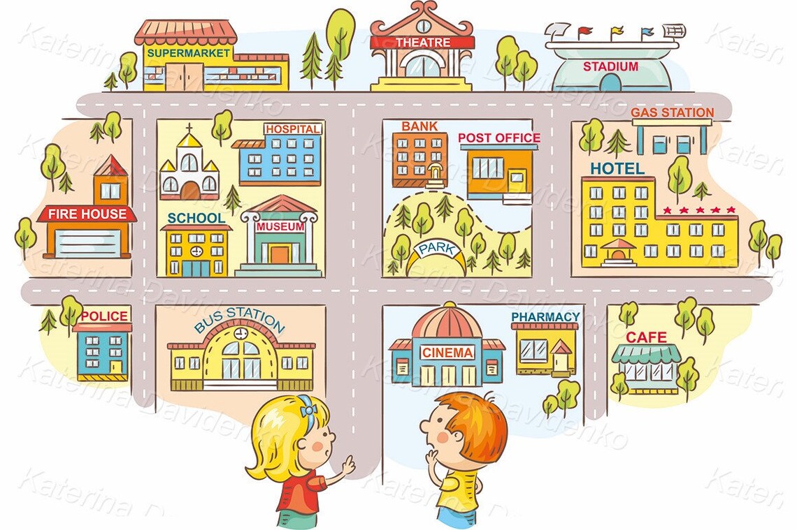 Cartoon Illustration of City Plan and Buildings With Signs - Etsy