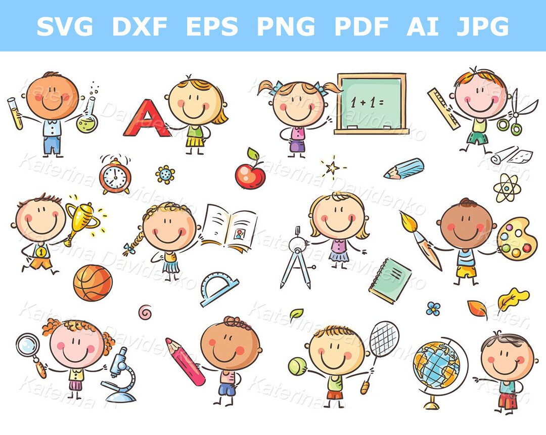 Doodle Cartoon Kids With School Things. Happy Kids Clipart Set. School ...