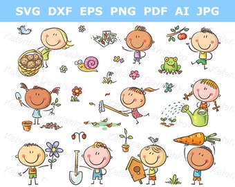 Happy Cartoon Little Kids in the Garden, Watering, Planting and ...