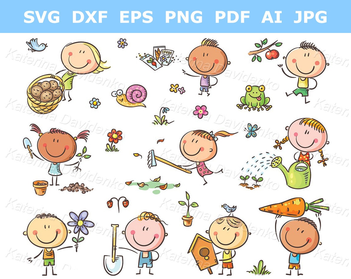Doodle Cartoon Kids in the Garden Clip Art Watering - Etsy Hong Kong